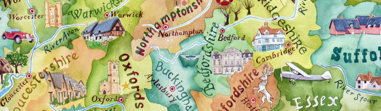 Counties of southern England hand-painted map