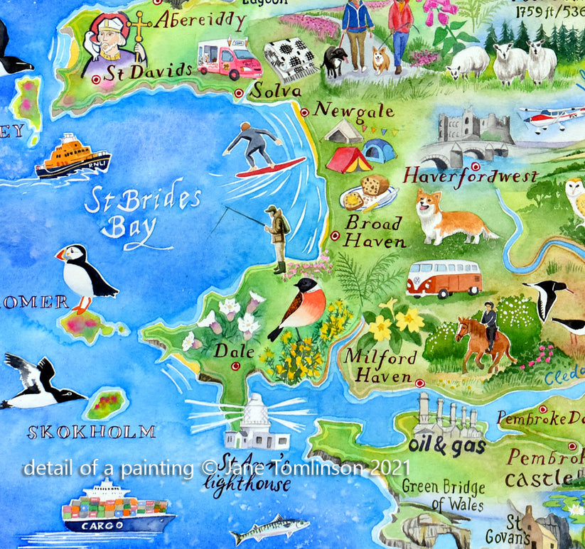 Pembrokeshire map - a painting of the west Wales county